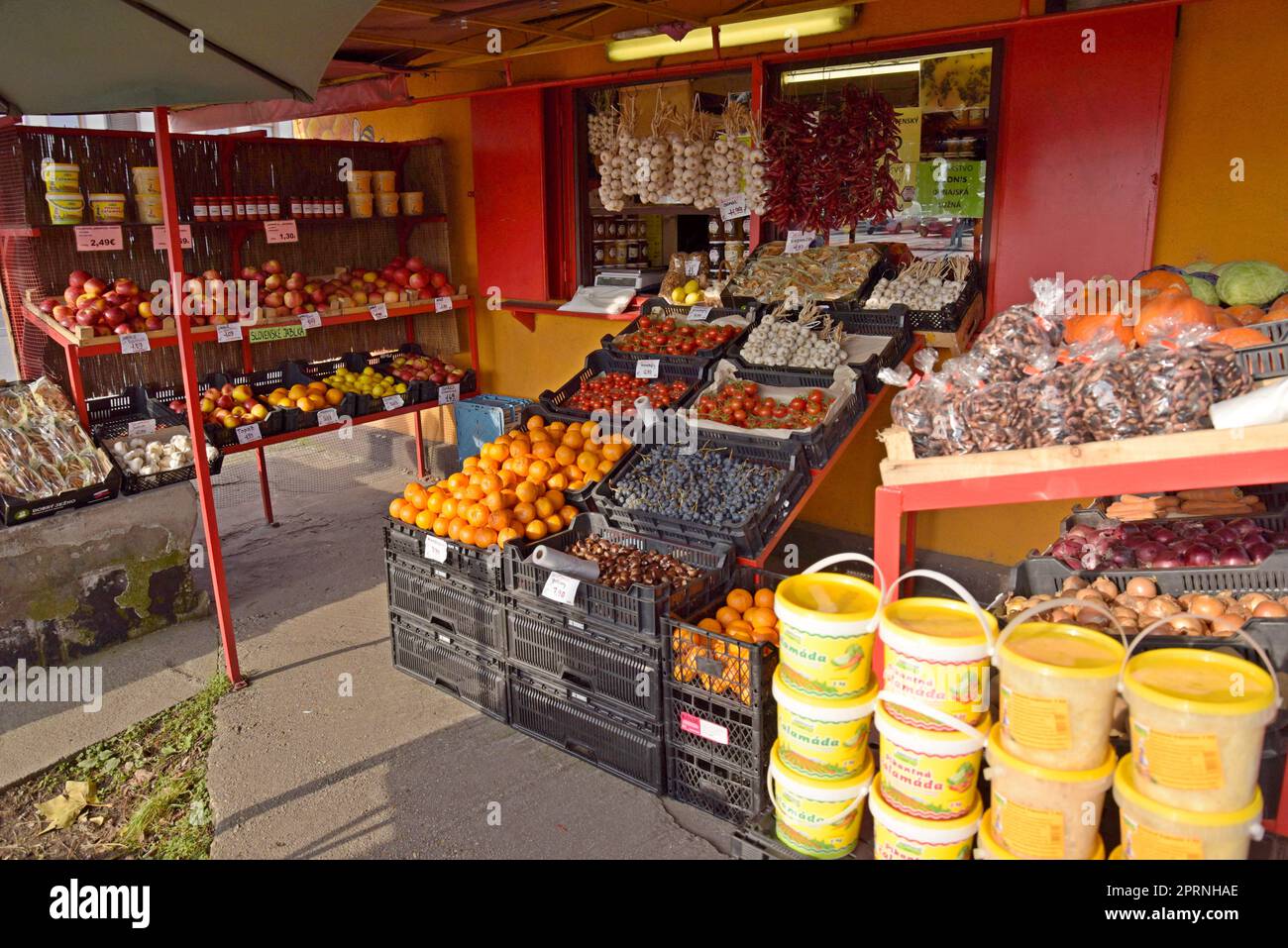 A roadside market stall in Bratislava, Slovakia, selling fresh farm ...