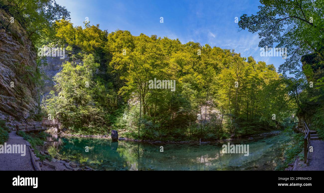 A panorama picture of the Vintgar Gorge, the Radovna Valley river and ...