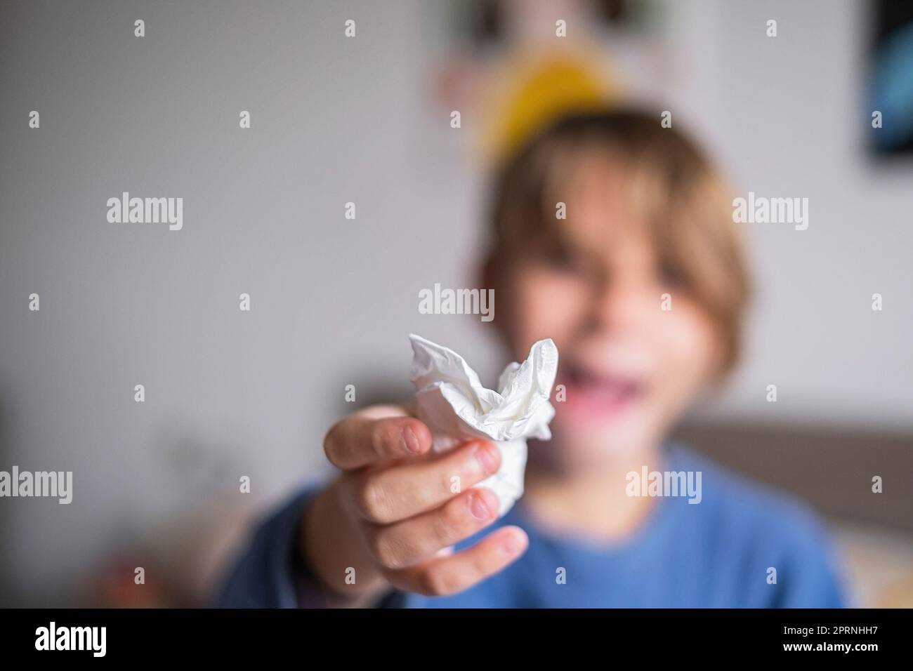 Child boy blow his nose. Allergic kid, flu season. Kid with cold ...