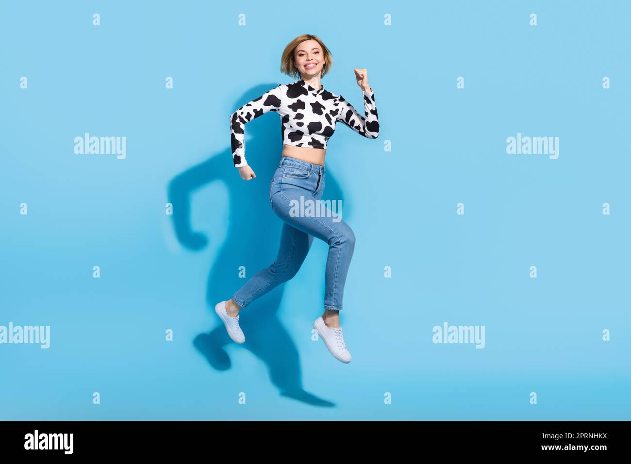 Full length profile portrait of energetic excited person jumping rush ...