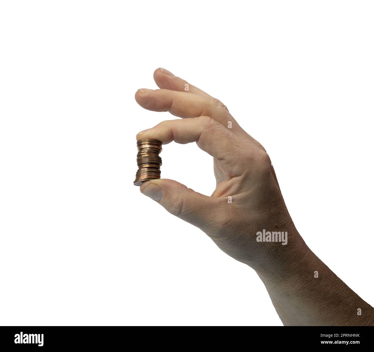 a male hand with a stack of euro coins on a transparent background ...