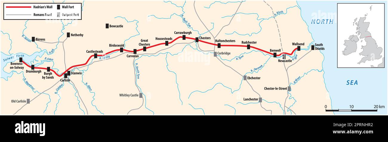 Map of the Roman border fortifications Hadrians Wall in United Kingdom ...