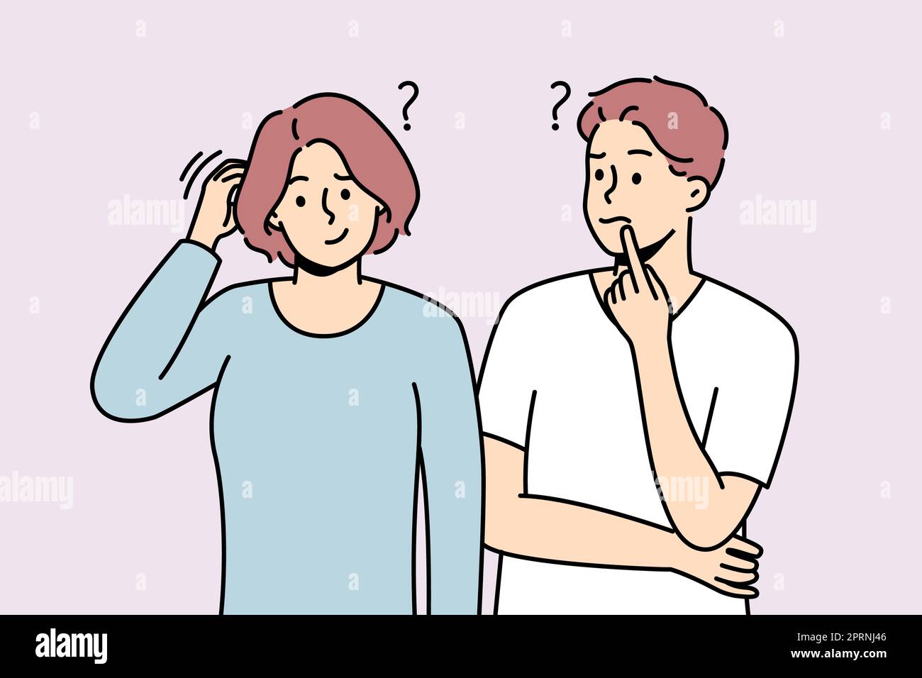 Confused man and woman thinking solving problem together. Frustrated ...