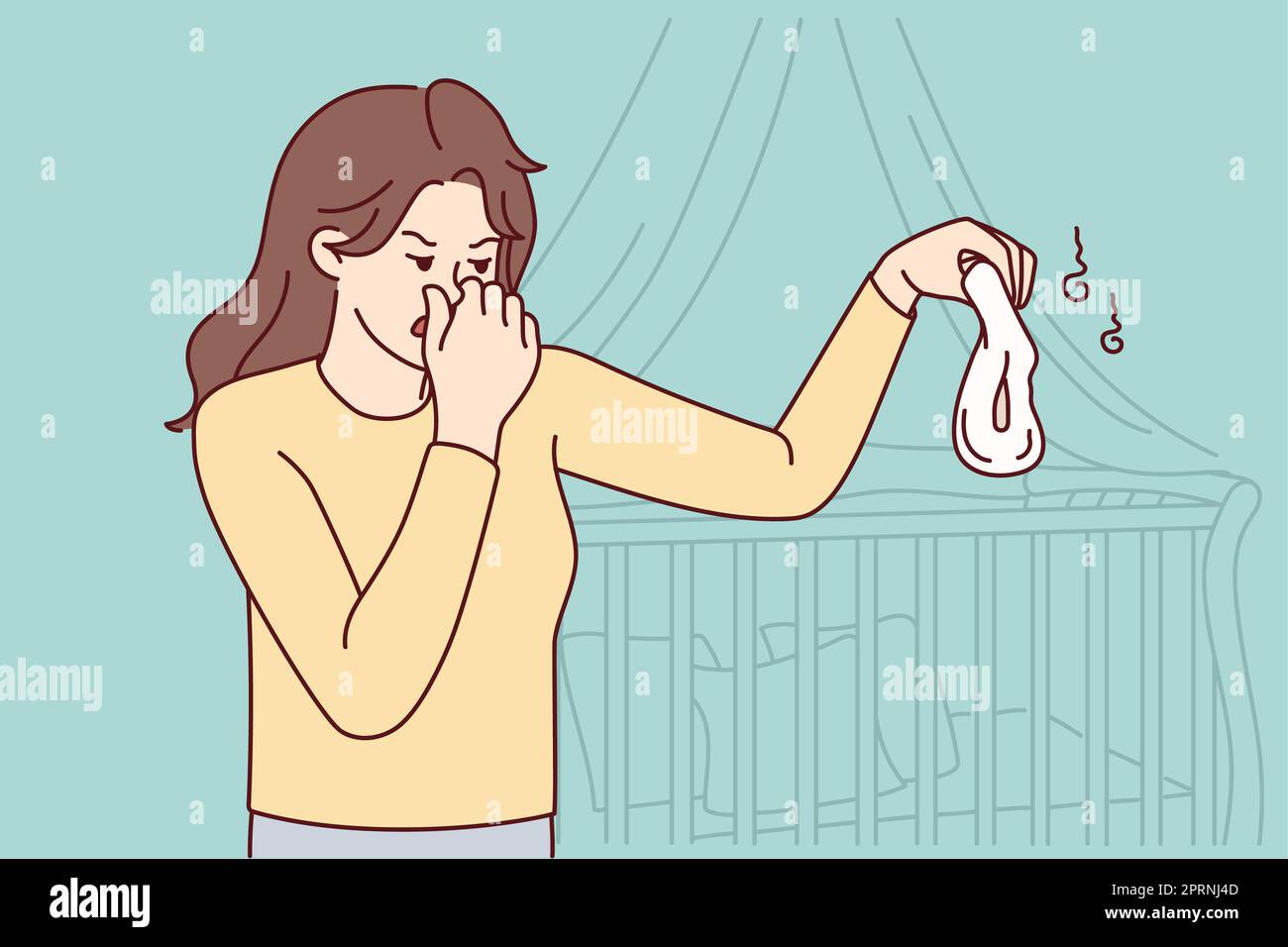 Unhappy young mother close nose feeling disgust holding stinky baby ...