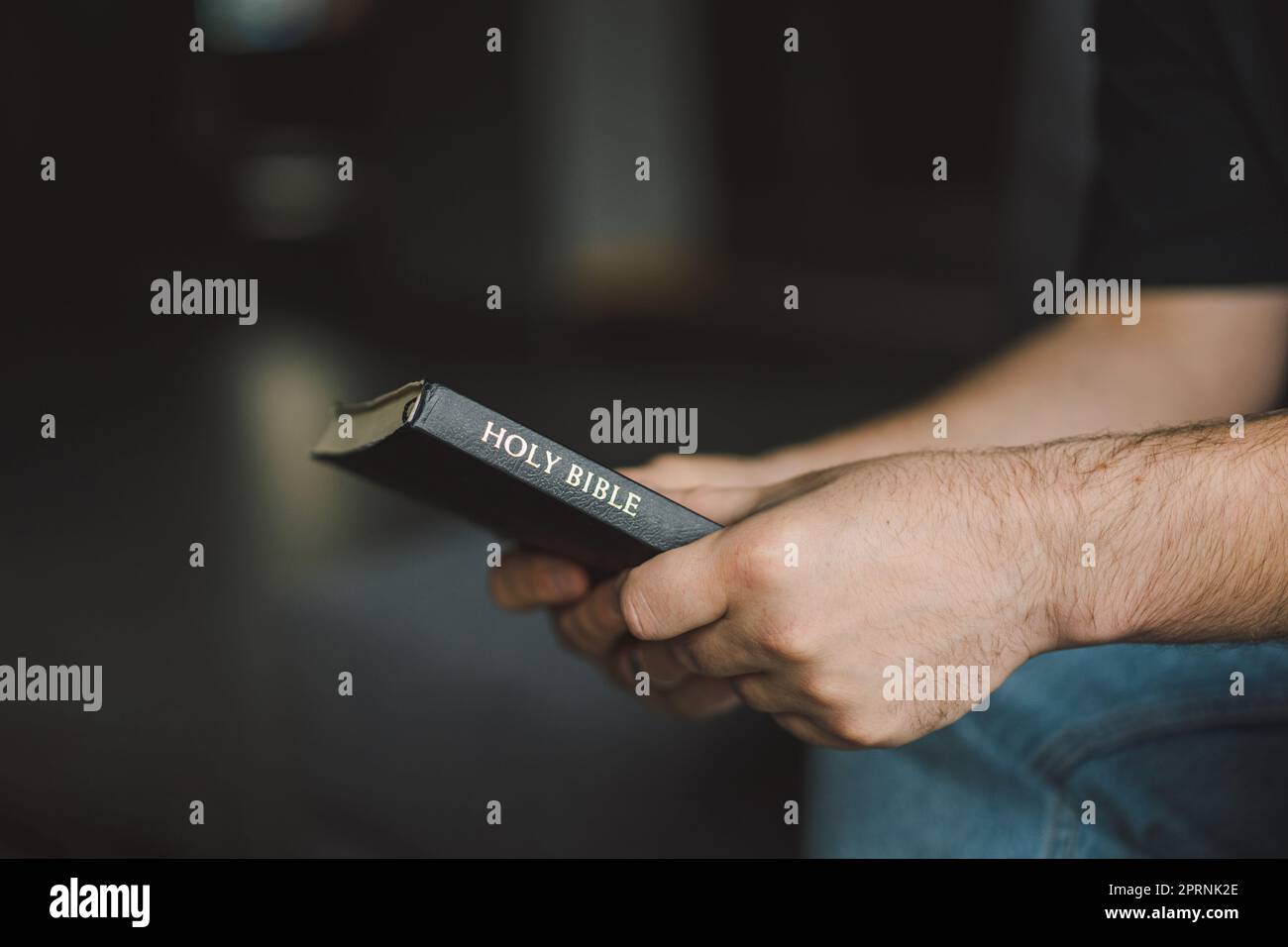 Christian man holds holy bible in hands. Reading the Holy Bible in a ...