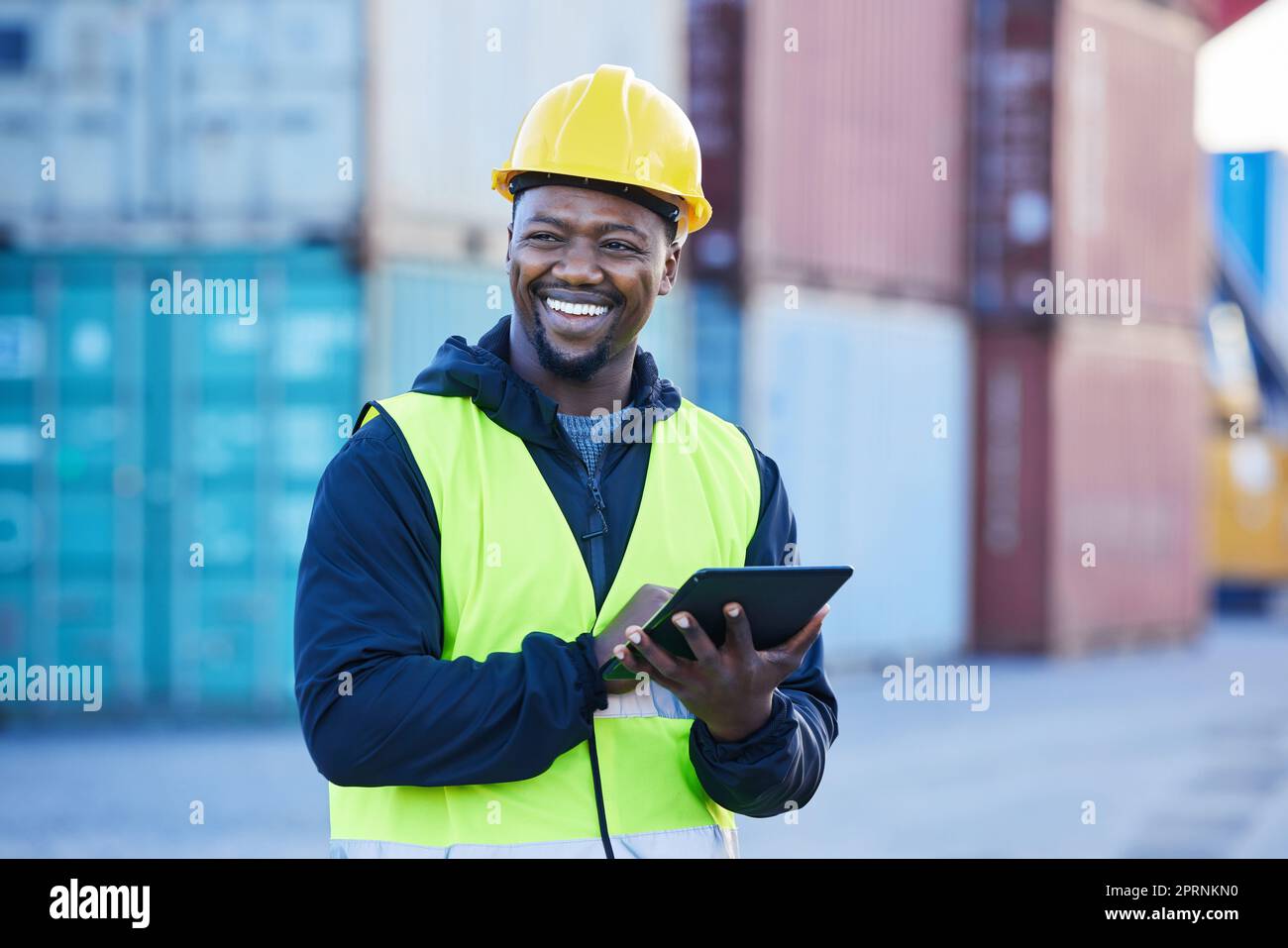 Logistics, tablet and black man shipping cargo on the internet while ...