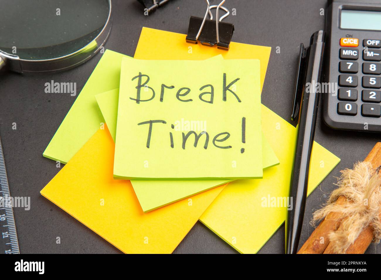 bottom close view break time written on sticky note colorful sticky ...