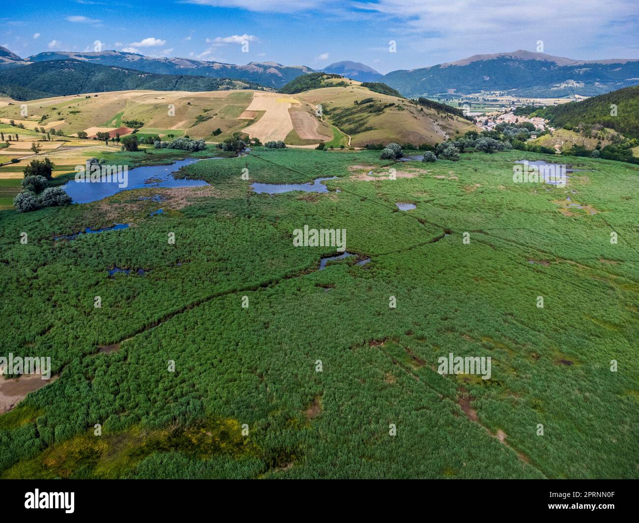Colfiorito, Umbria. Fields and crops. Play of colors seen from above ...