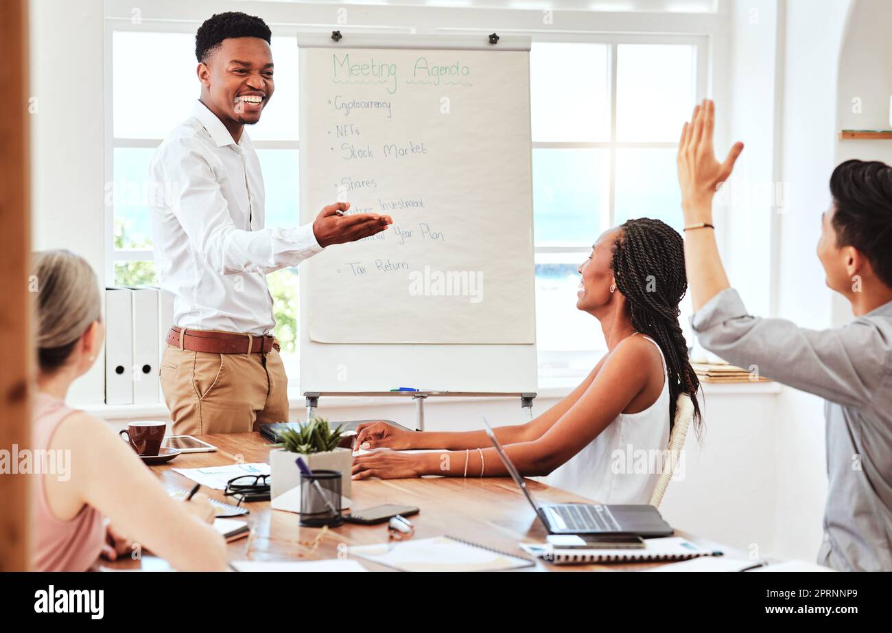 Black man, presentation and question for team collaboration of employee ...