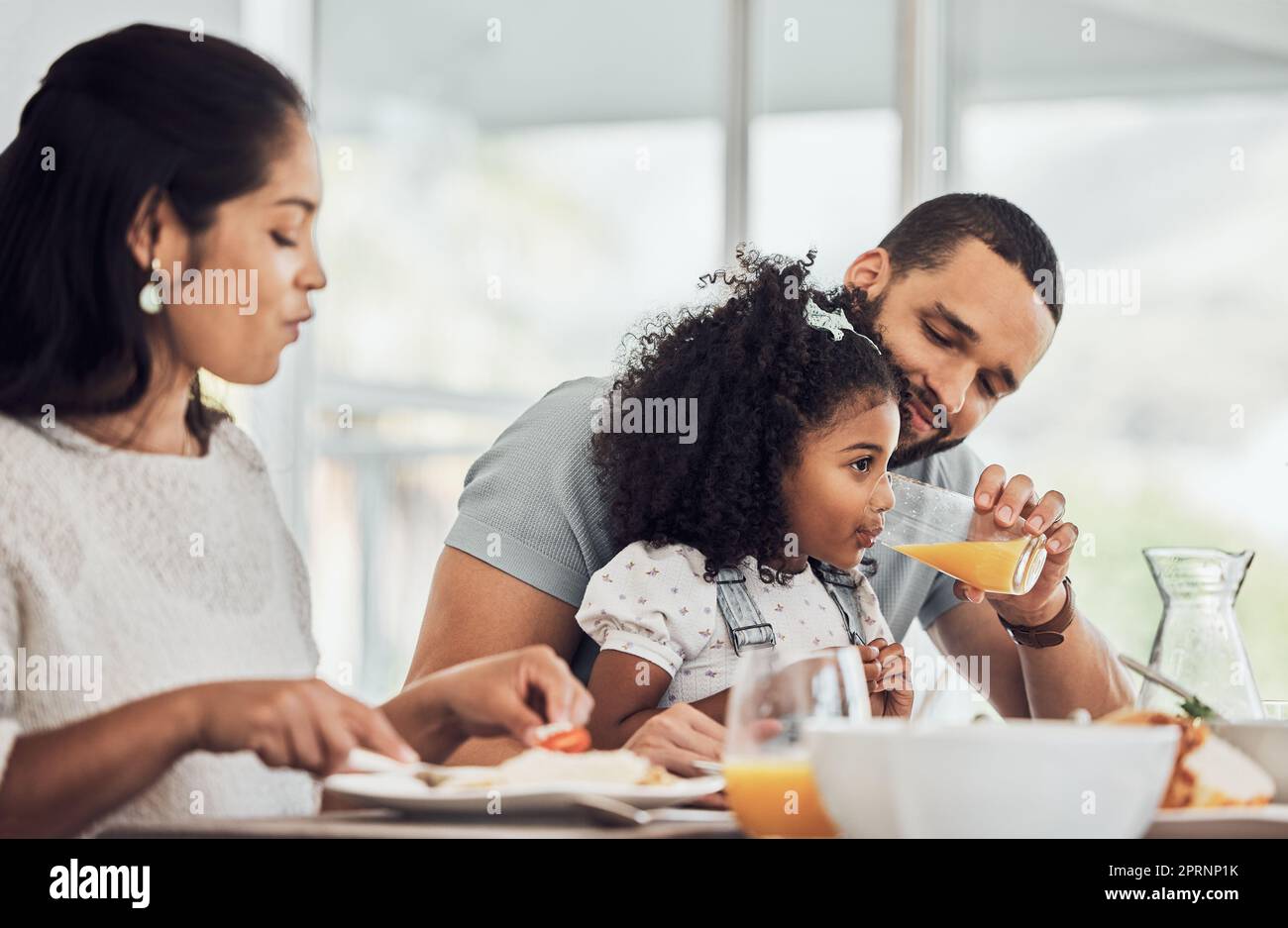 breakfast juice, vitamin c and child, family or father help kid drink ...