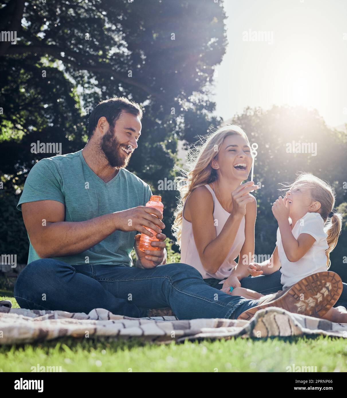 Family, happy and bubbles with picnic in park together for summer ...