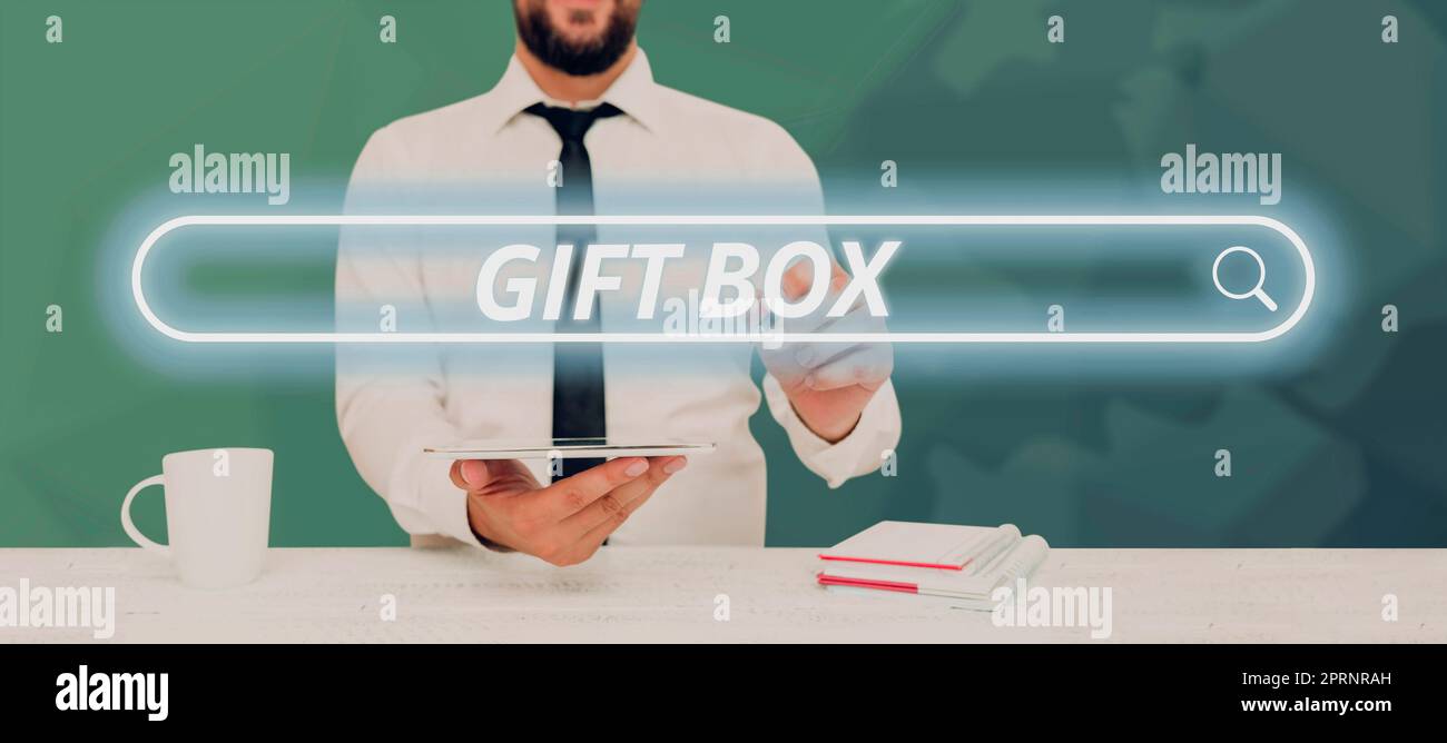 Conceptual caption Gift Box, Business concept A small cointainer with ...