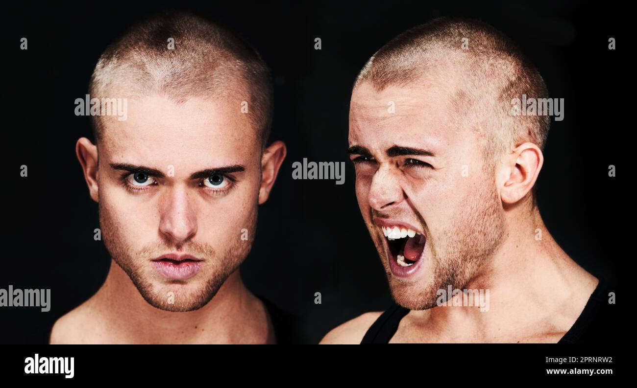 Suffering from mental illness. A crazy young man screaming a himself ...