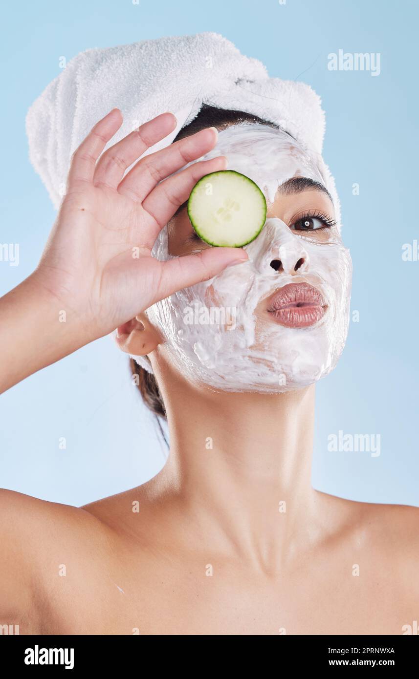 Beauty, skincare and face mask with cucumber slice portrait of ...