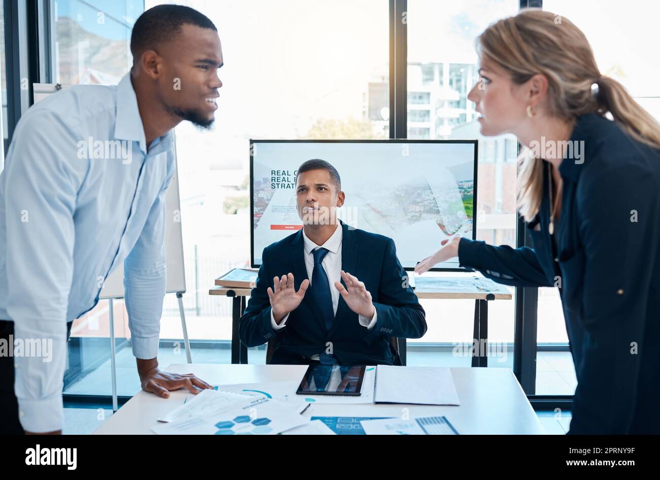 Business Fight Team Argument And Angry Lawyer Dispute Of Corporate