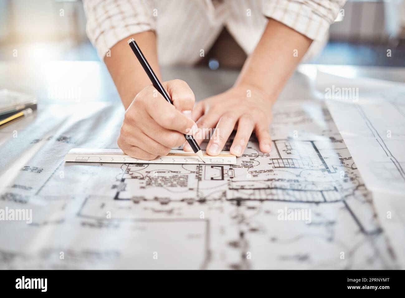 Architect drawing building floor plan, design blueprint map and ...