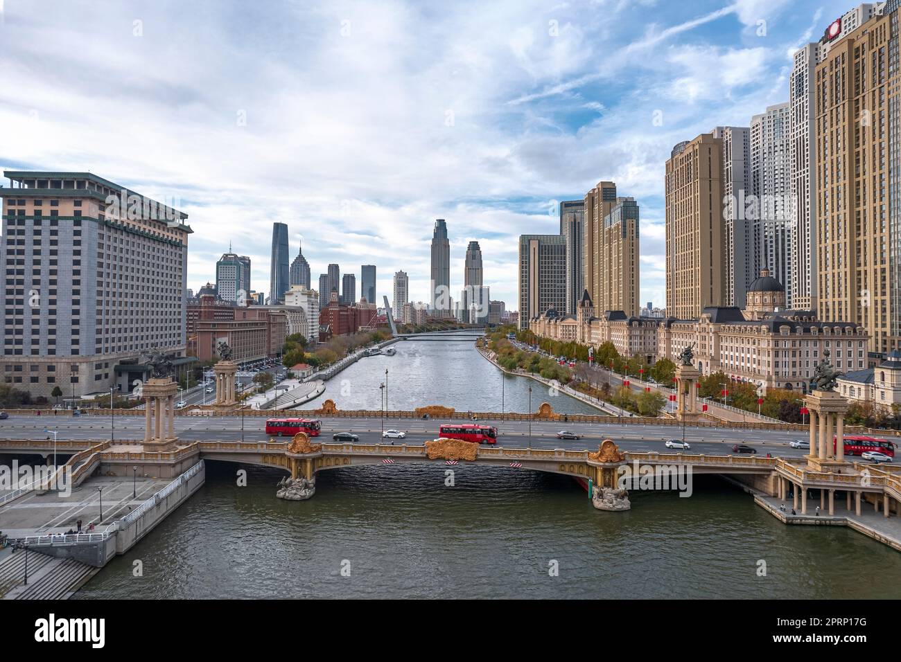 Urban Scenery of Riverside City in the Morning, Noon and Evening Stock ...