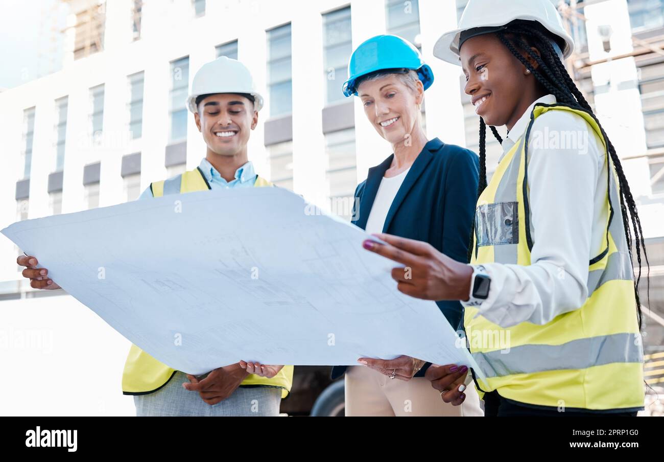 Architect, blueprint or building engineer meeting or planning ...