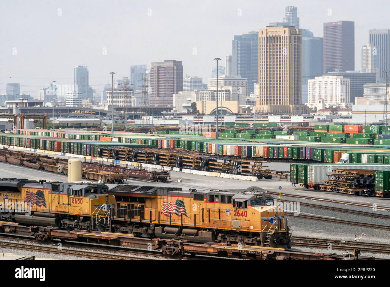 Los Angeles skyline is seen above the Union Pacific LATC Intermodal ...