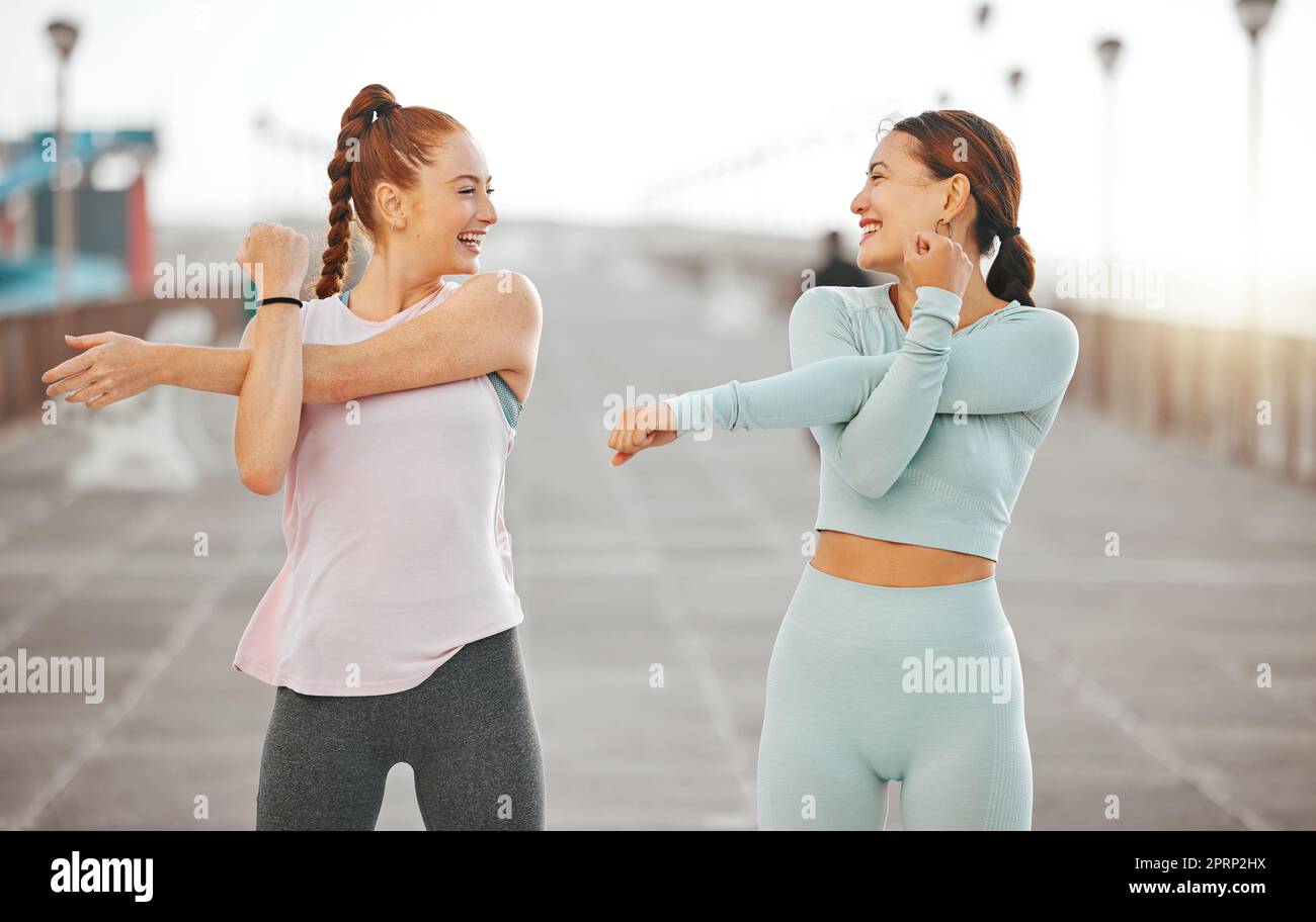 Fitness women, exercise and wellness with friends stretching and ...