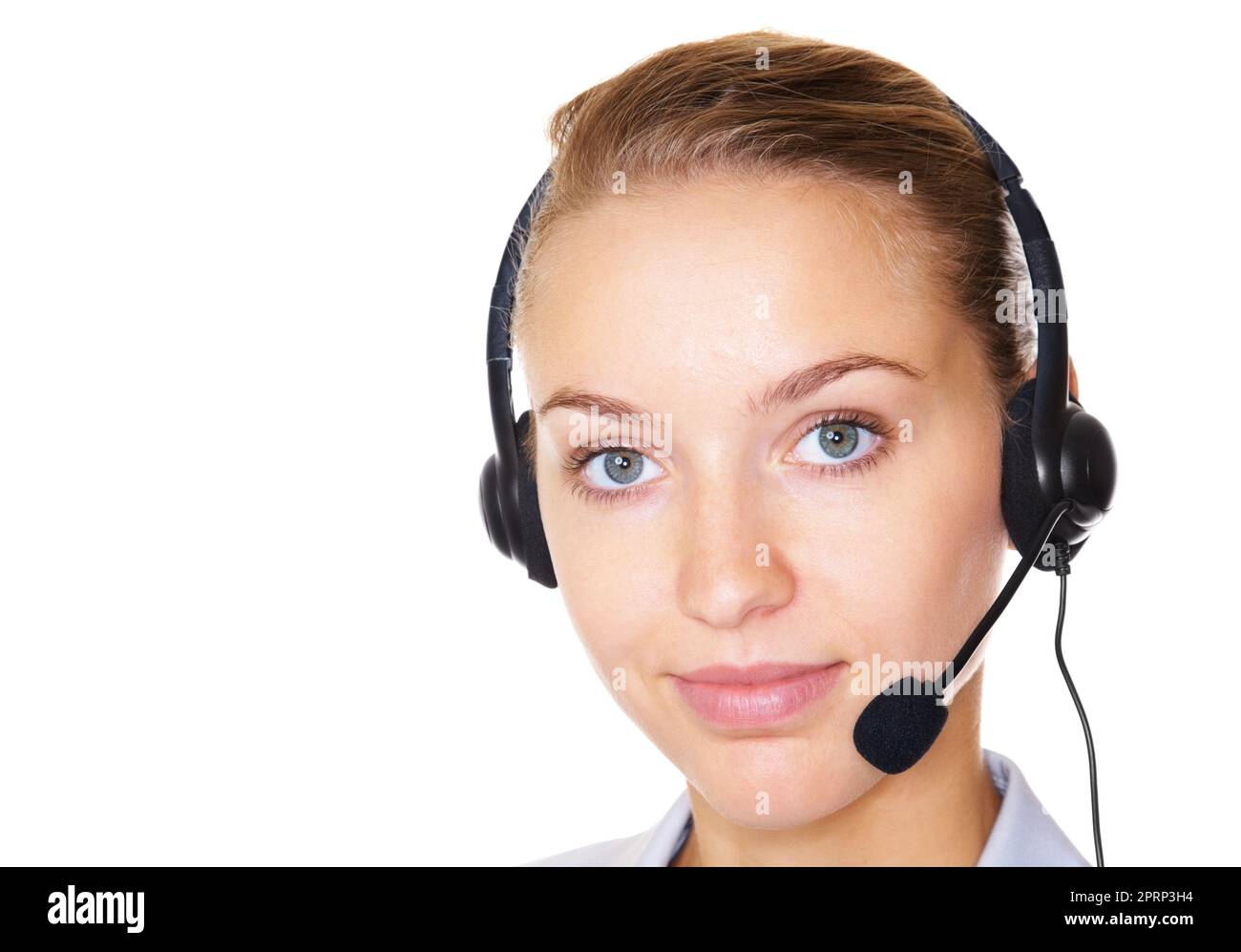 Closeup of a cute female call center employee on white. Closeup of a ...