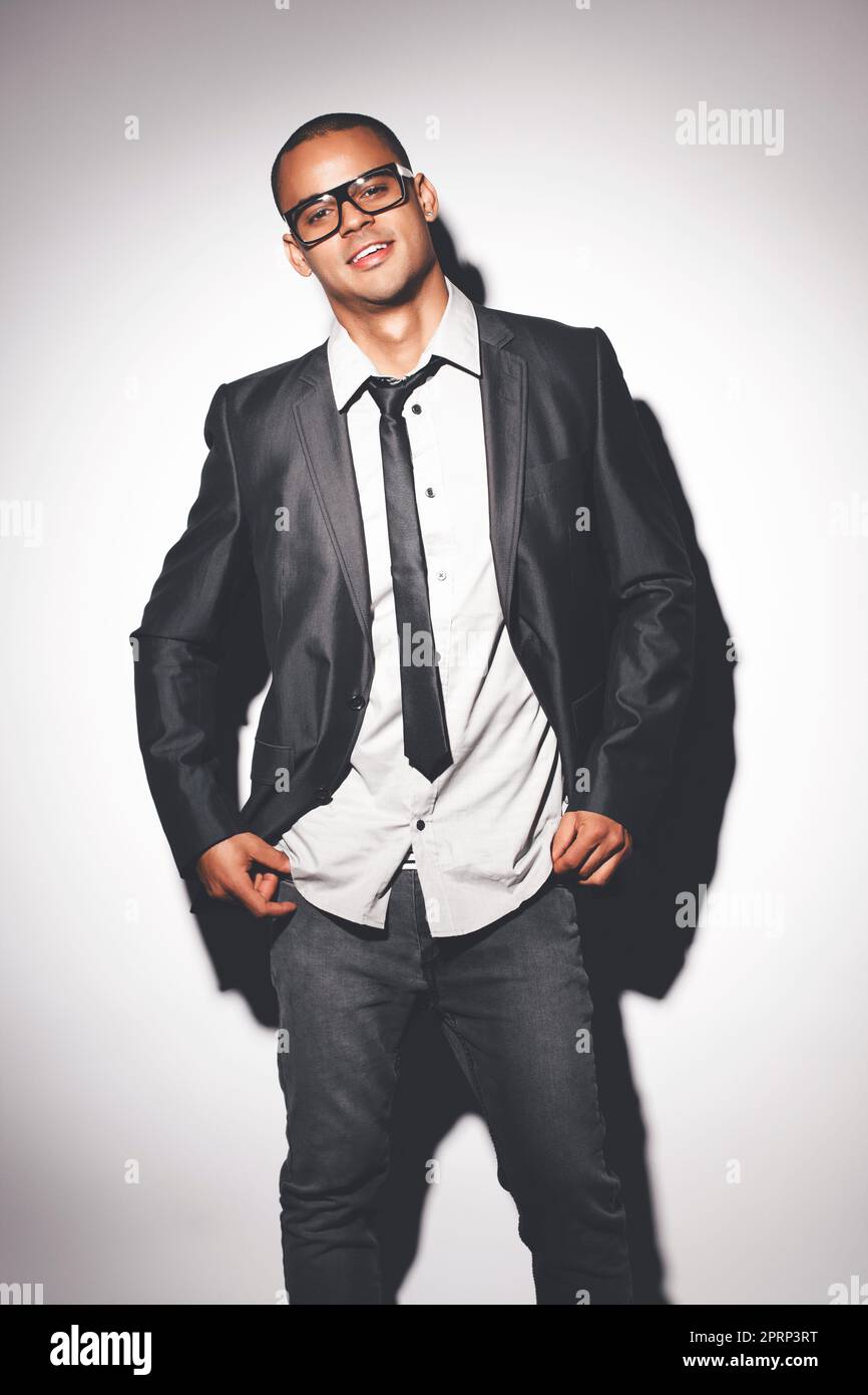 Fashion, man suit and model from Spain in a studio posing for luxury ...