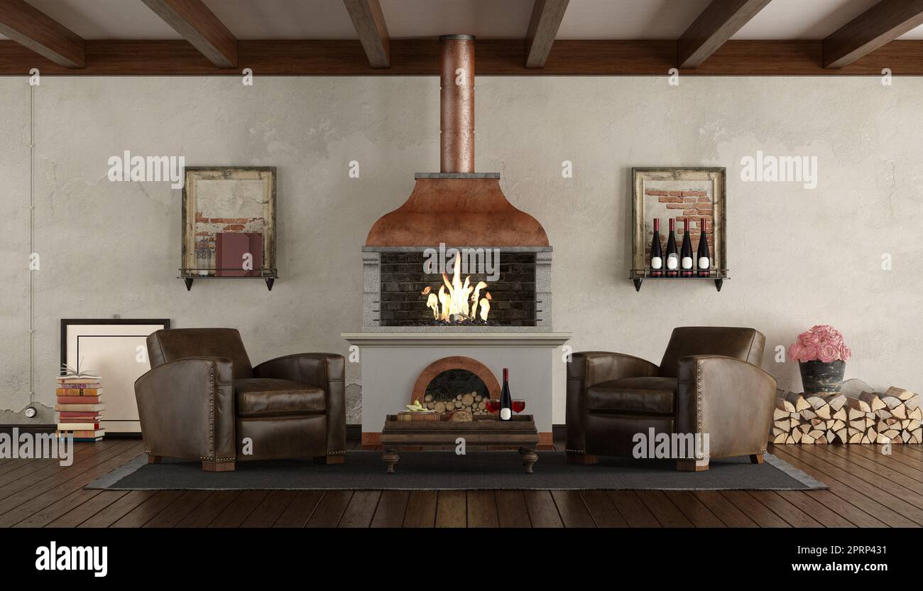 Fireplace with flue and copper hood in a classic style living room - 3d ...
