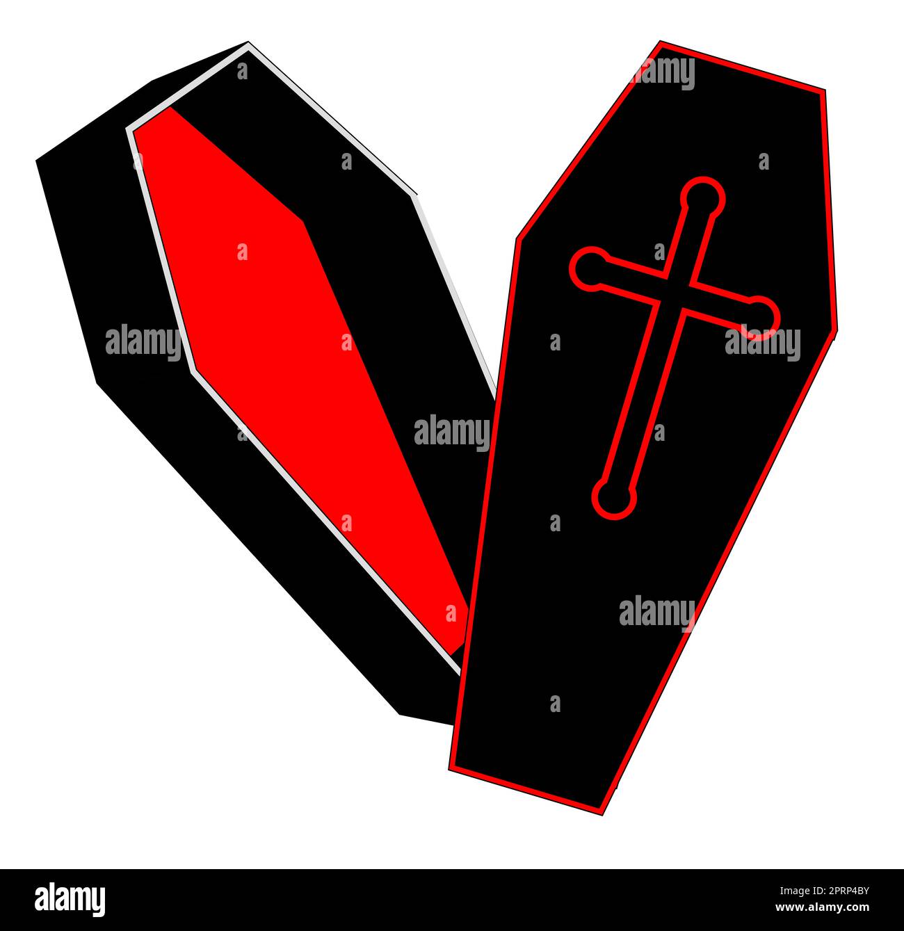 A halloween style open coffin with red interior isolated on a white ...