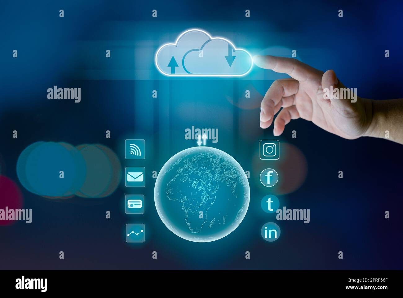Finger pointing at the hologram cloud Represents search, communication ...
