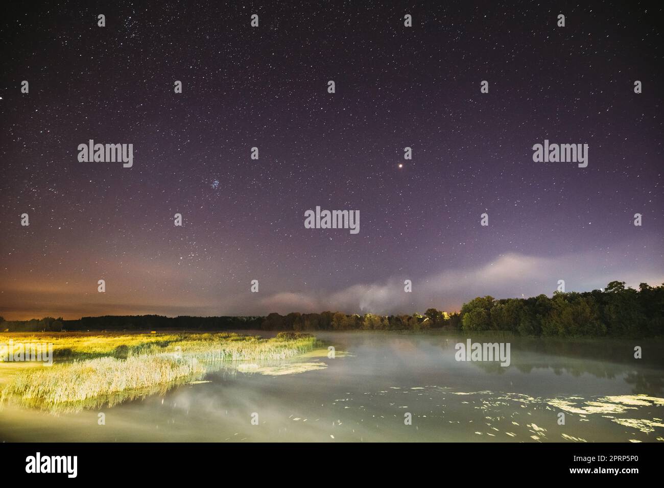 Evaporation Over River Lake At Night. Milky Way Galaxy In Night Starry ...