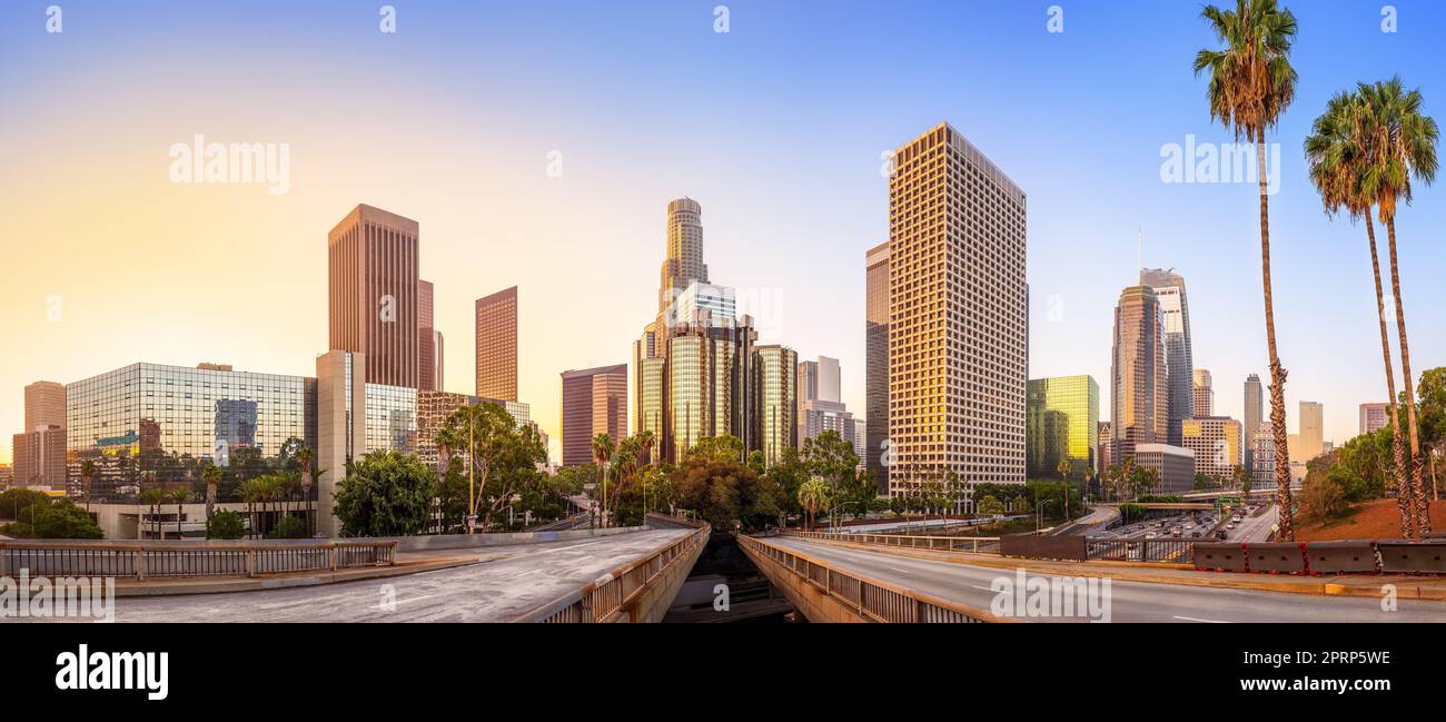 the skyline of los angeles during sunrise Stock Photo - Alamy