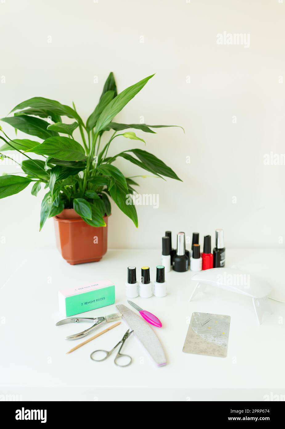 Nail salon workspace concept. Top view female hands and manicure tools ...