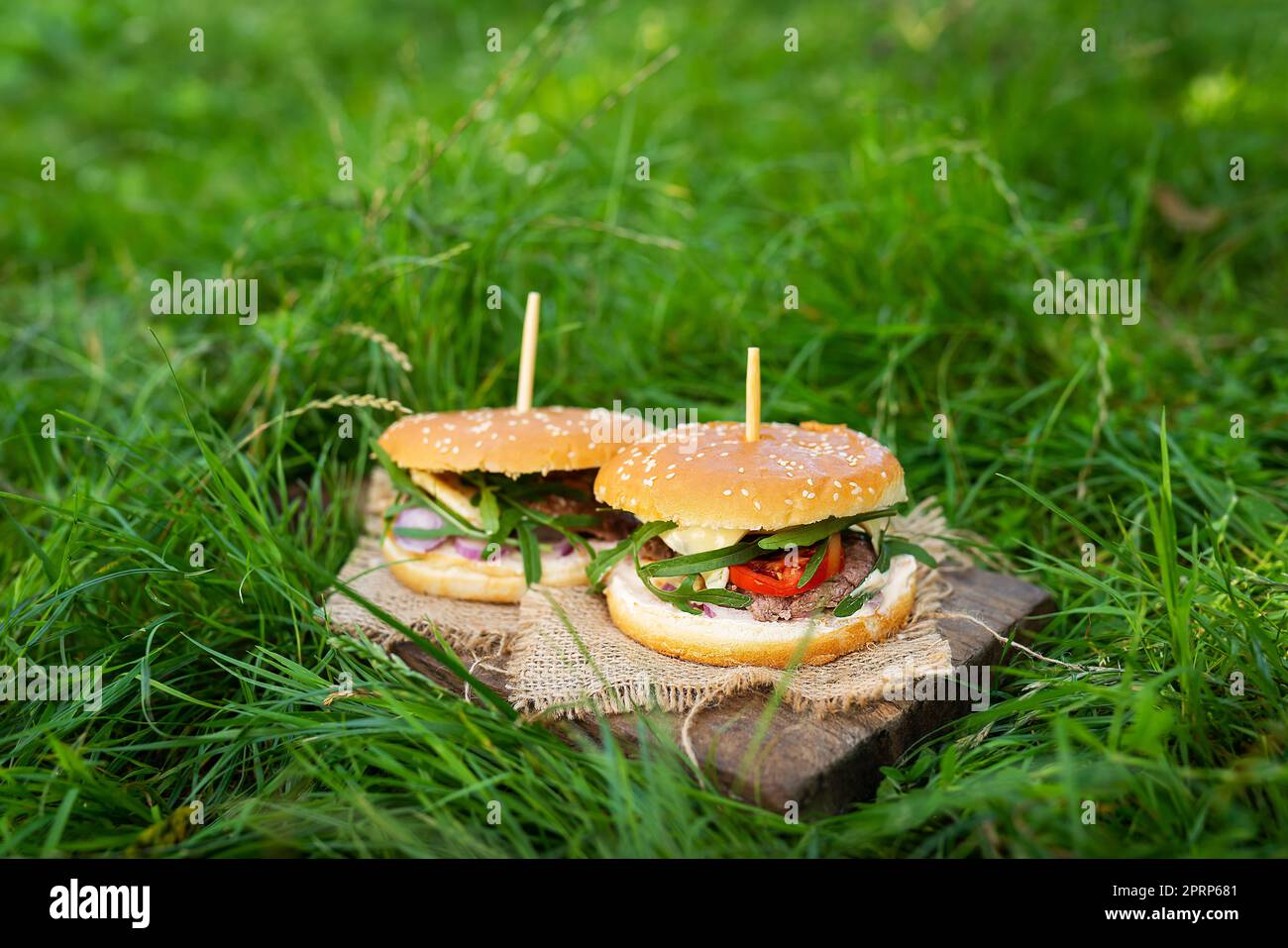 A juicy and tasty burger stands on a board on the green grass in the ...