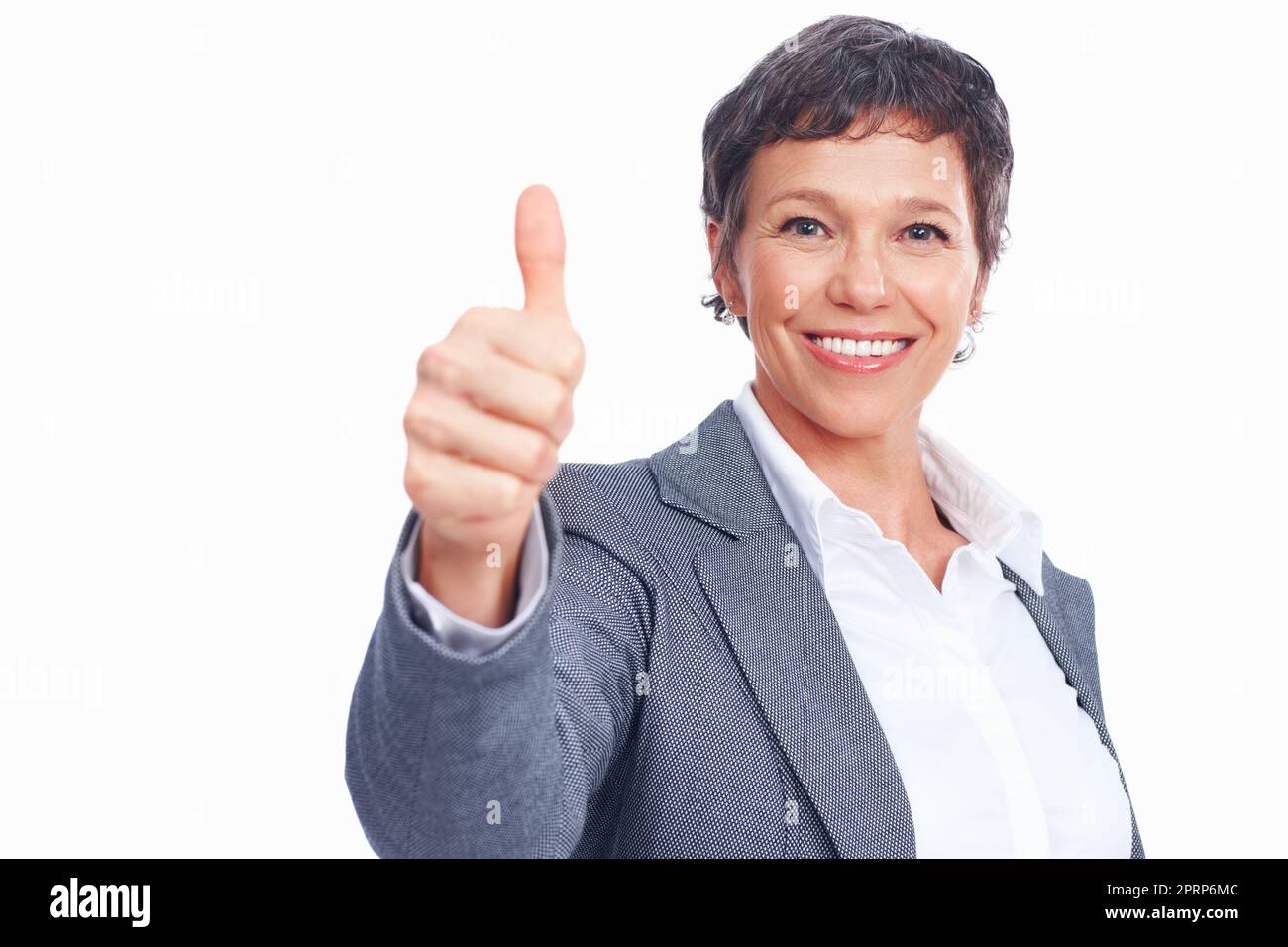 Good luck. Portrait of happy female executive wishing you luck over ...