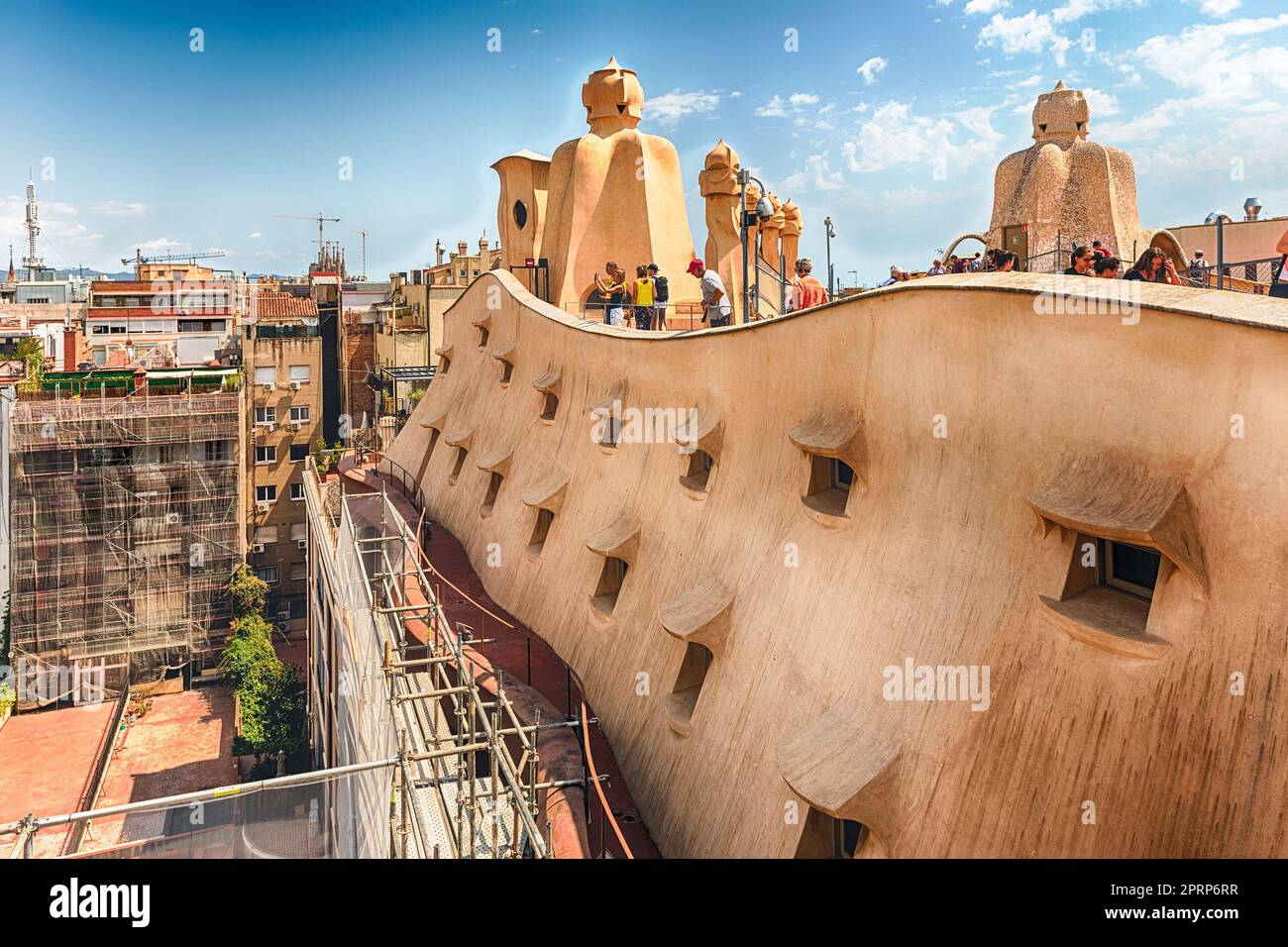 BARCELONA - AUGUST 9: The scenic architecture on the rooftop of Casa ...