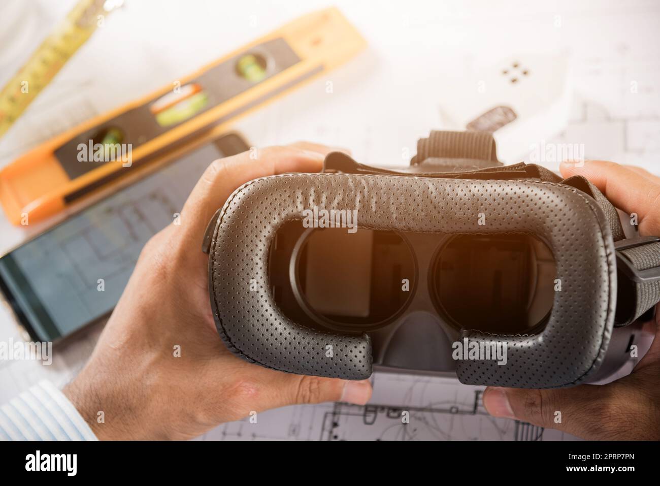 Architectural building design hold back 3D VR glasses and construction ...