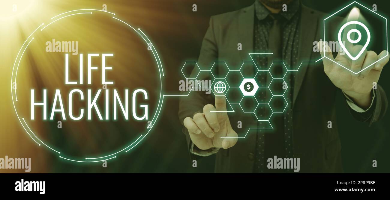Text caption presenting Life Hacking, Concept meaning Simple and clever ...