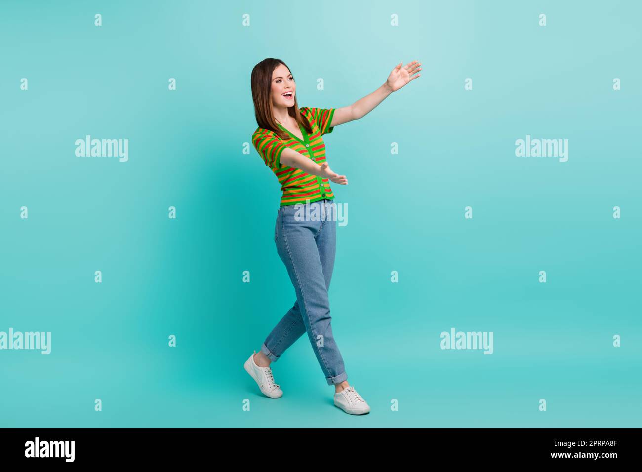 Profile side full length photo of positive pretty lady open two arm go ...