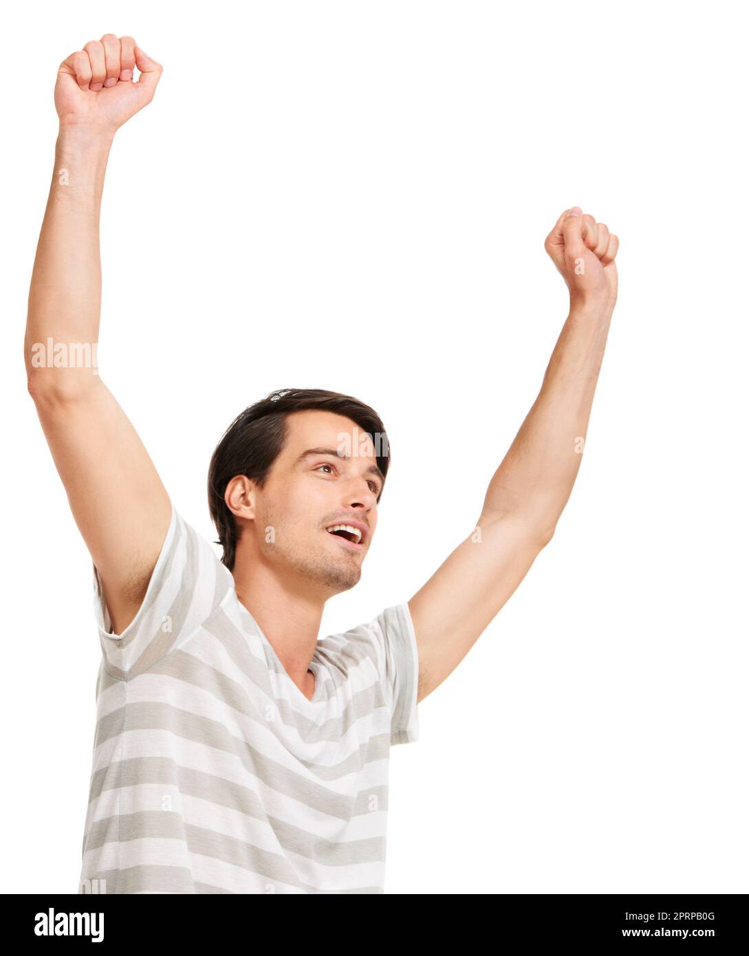 Get the youth vote. Handsome young man raising his arms in a show of ...