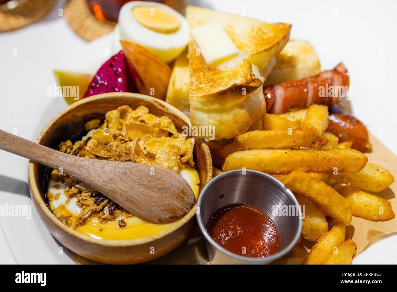 French fries sausages and toast Stock Photo - Alamy