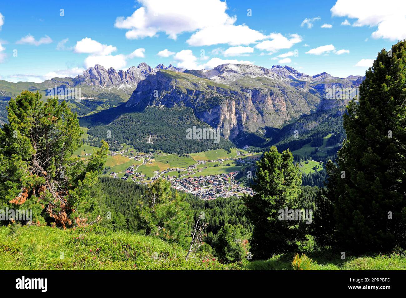 View from Saslong on the municipality of Selva in Val Gardena with ...