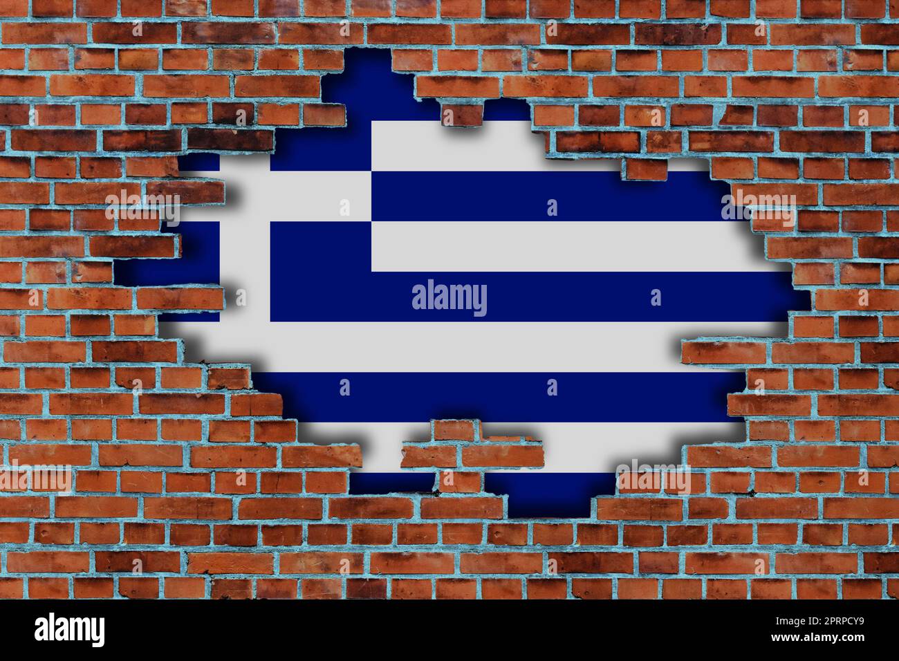 3D Flag of Greece behind the broken old stone wall background Stock ...