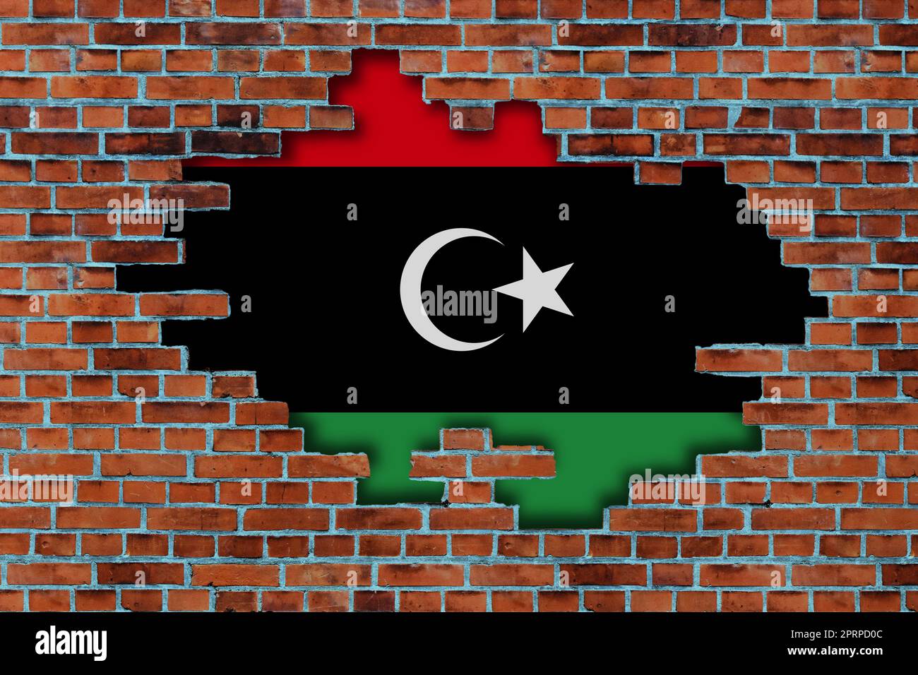 3D Flag of Libya behind the broken old stone wall background Stock ...