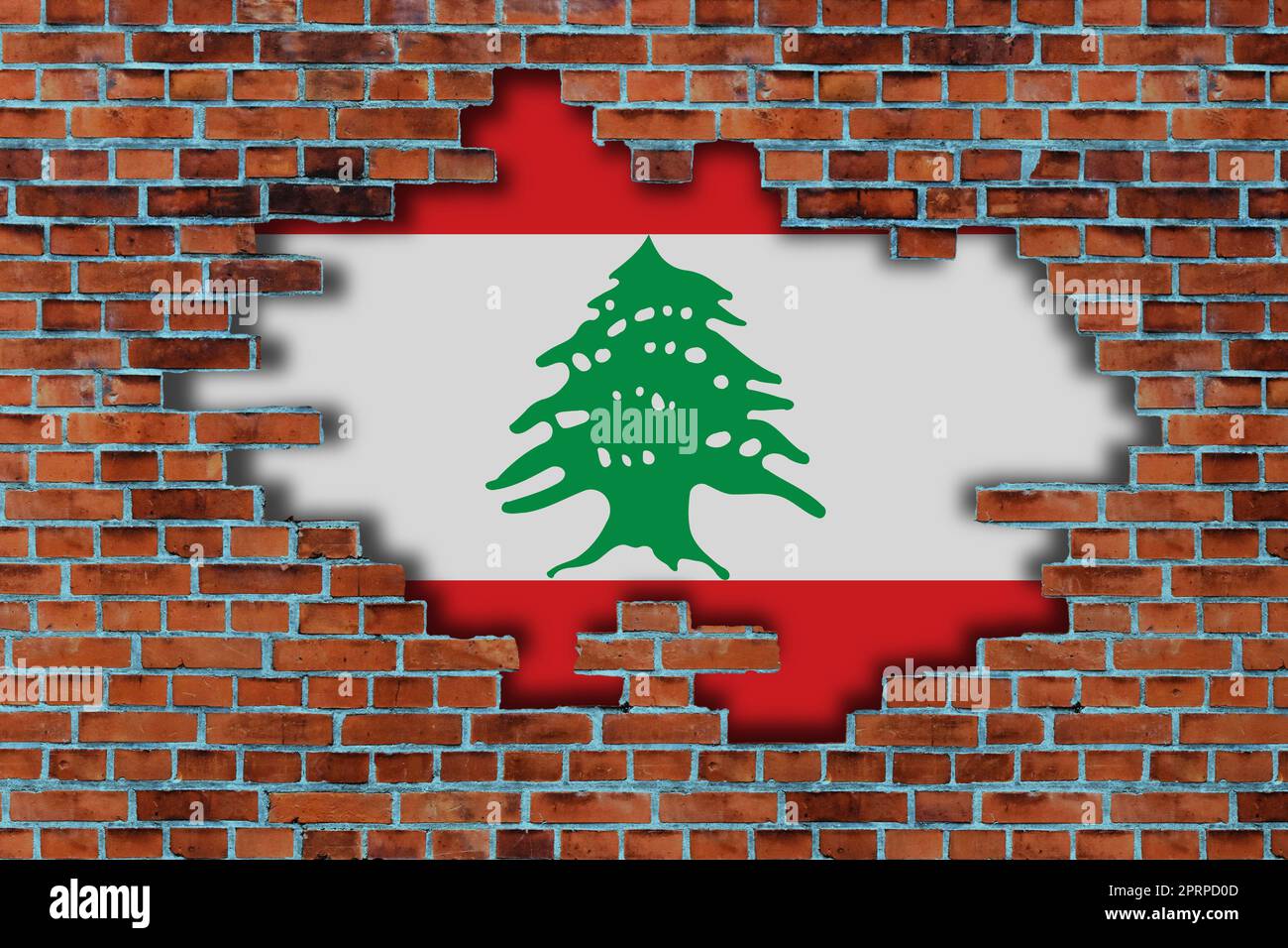 3D Flag of Lebanon behind the broken old stone wall background Stock ...