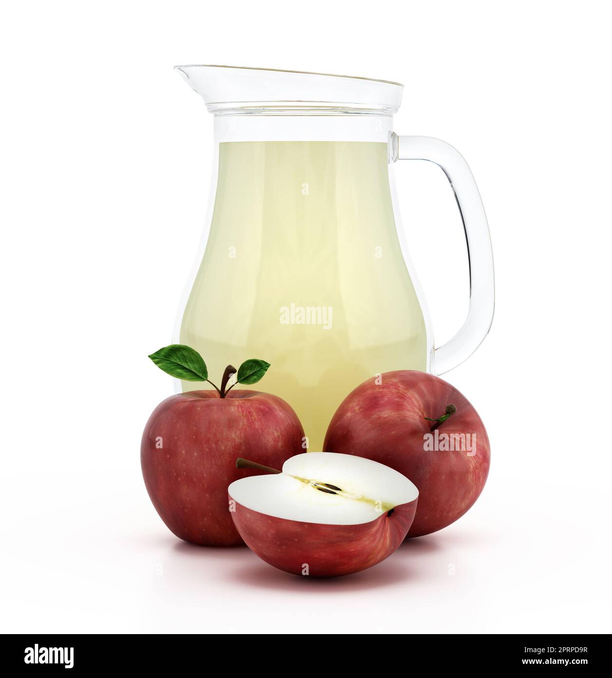 Fresh red apples and apple juice inside glass jug isolated on white ...