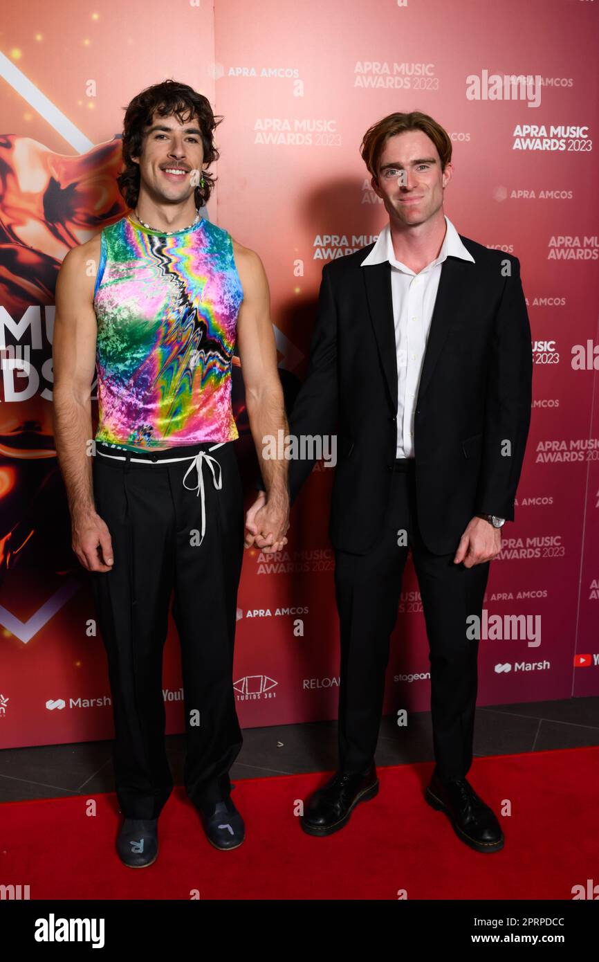 Go-Jo (left) arrives at the 2023 APRA Music Awards at the International ...