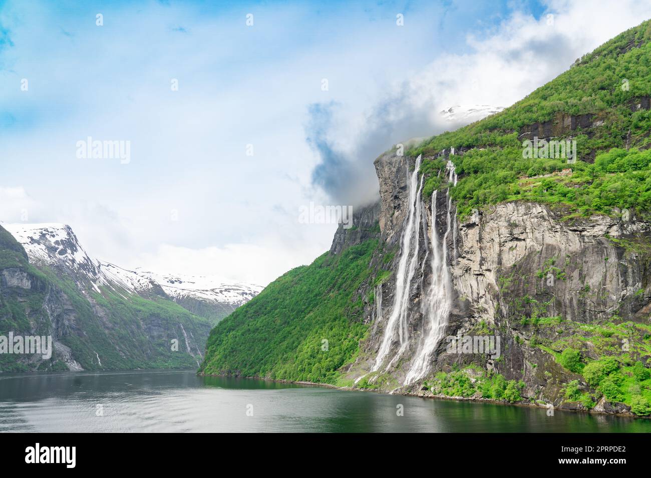 Beautiful waterfall called the Seven Sisters located in Geiranger Fjord ...