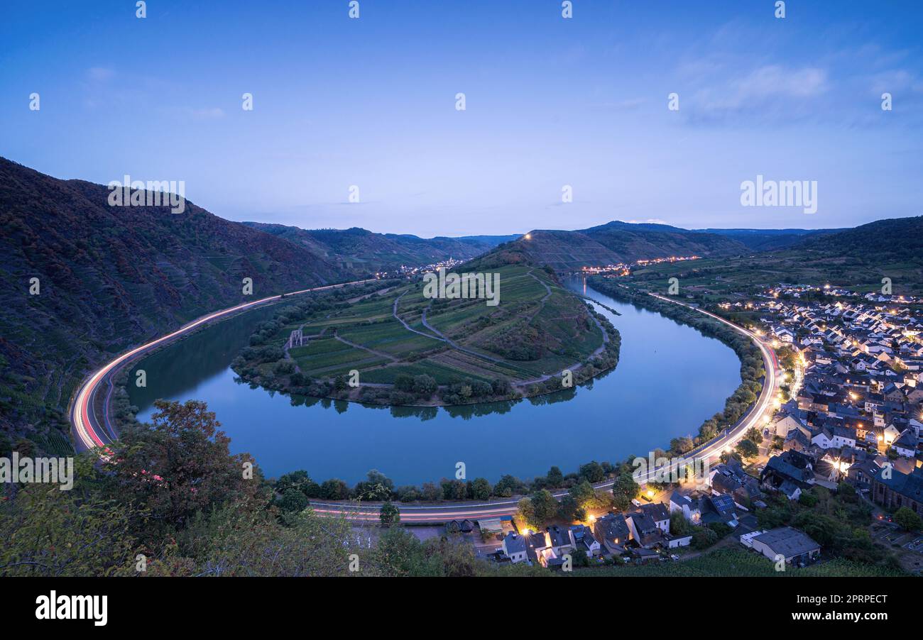 Panoramic image of Bremm with loop of Moselle river, Germany Stock ...