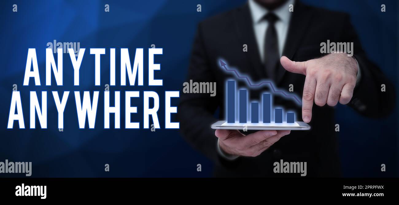 Text showing inspiration Anytime Anywhere, Internet Concept obtainable ...