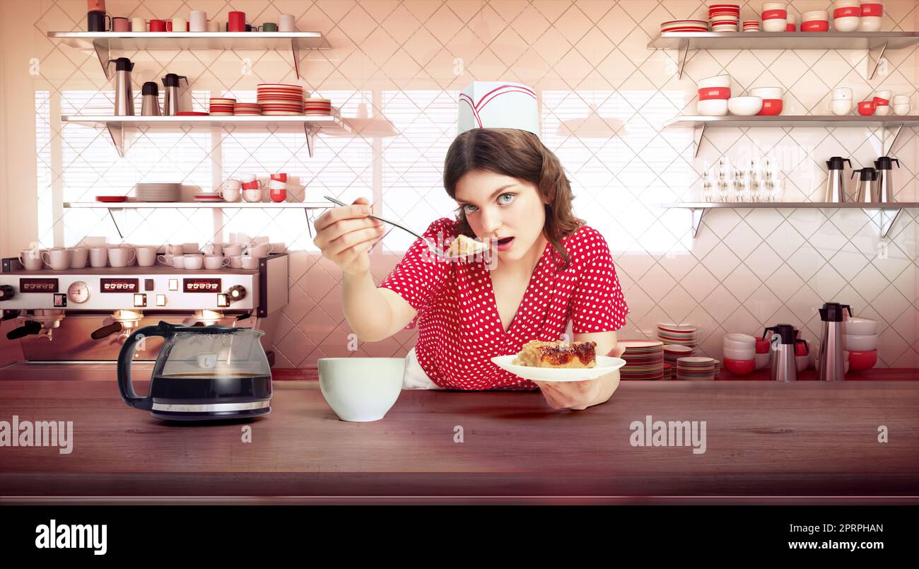 Stylish young female waitress in retro american fashion style of 70s ...